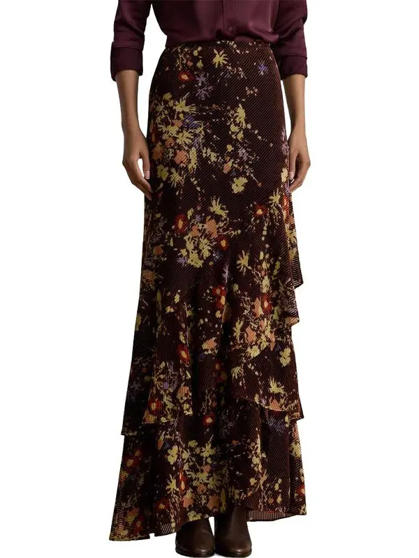 Ralph Lauren Tiered Floral Velvet Burnout Maxi Skirt - Brown/cream/lavender