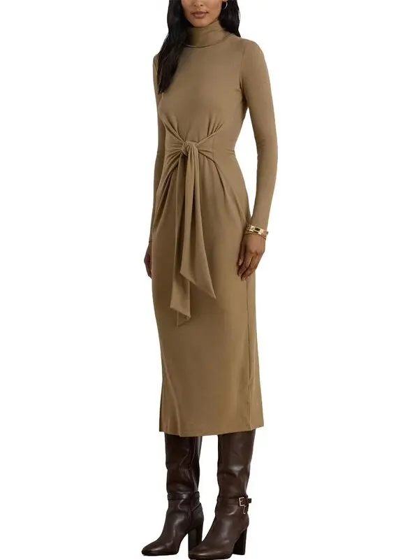 Ralph Lauren Long Sleeve Turtleneck Tie Front Midi Dress - Classic Camel