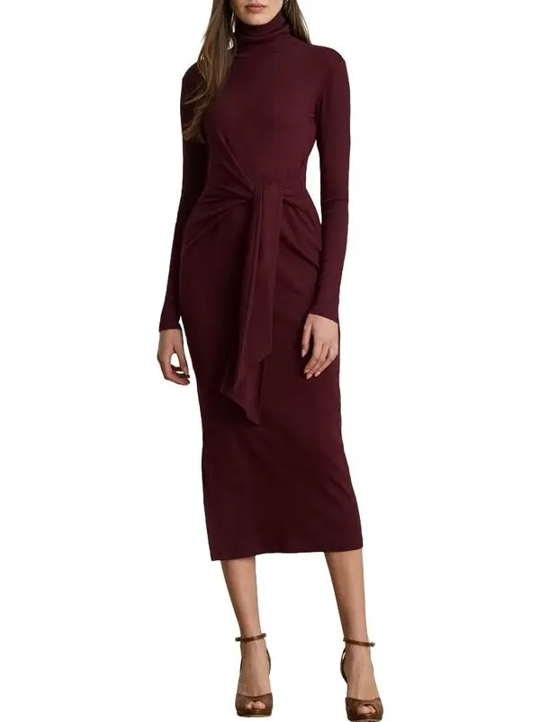 Ralph Lauren Long Sleeve Turtleneck Tie Front Midi Dress - Dark Garnet