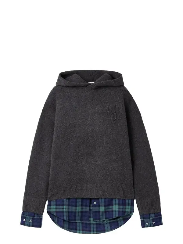Acne Studios Layered Knitted And Checked Cotton-flannel Hoodie - Gray