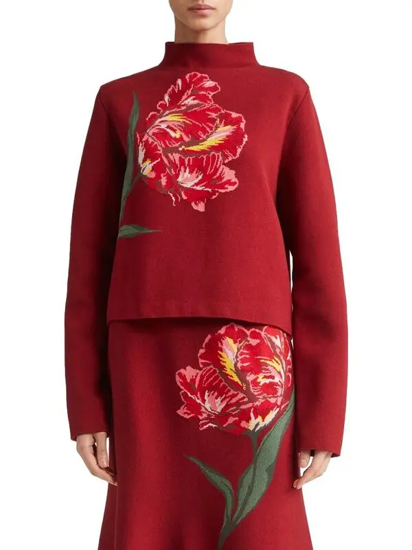 Carolina Herrera Floral Intarsia Funnel Neck Sweater - Garnet Multi
