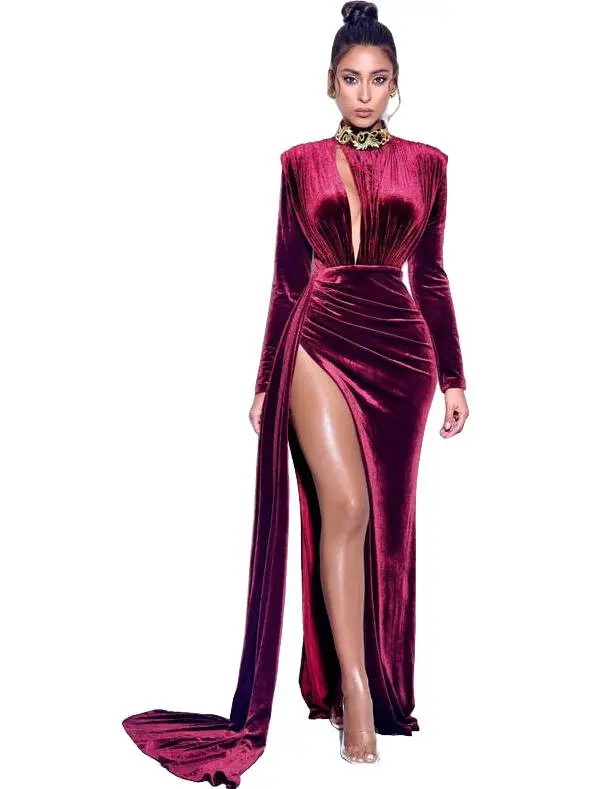 MISS CIRCLE Zenaida Cutout High Slit Velvet Gown - Burgundy