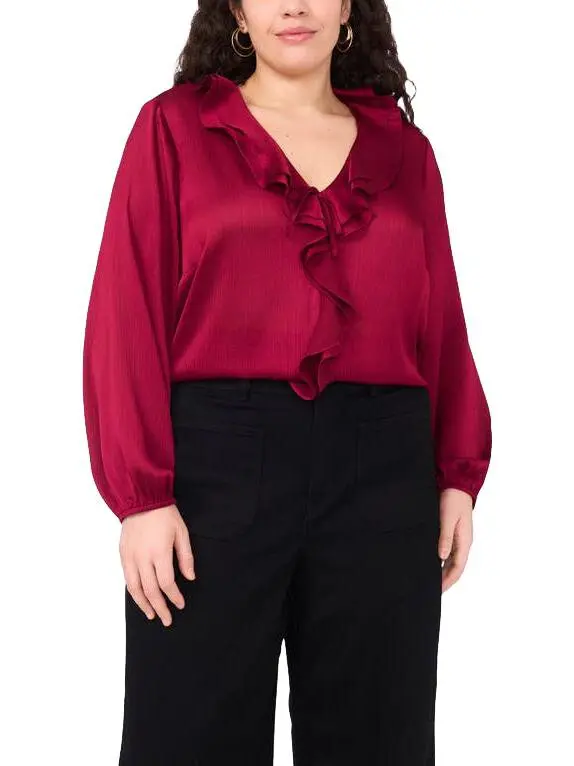 Vince Camuto Double Ruffle Detail Textured Satin Top - Deep Sangria