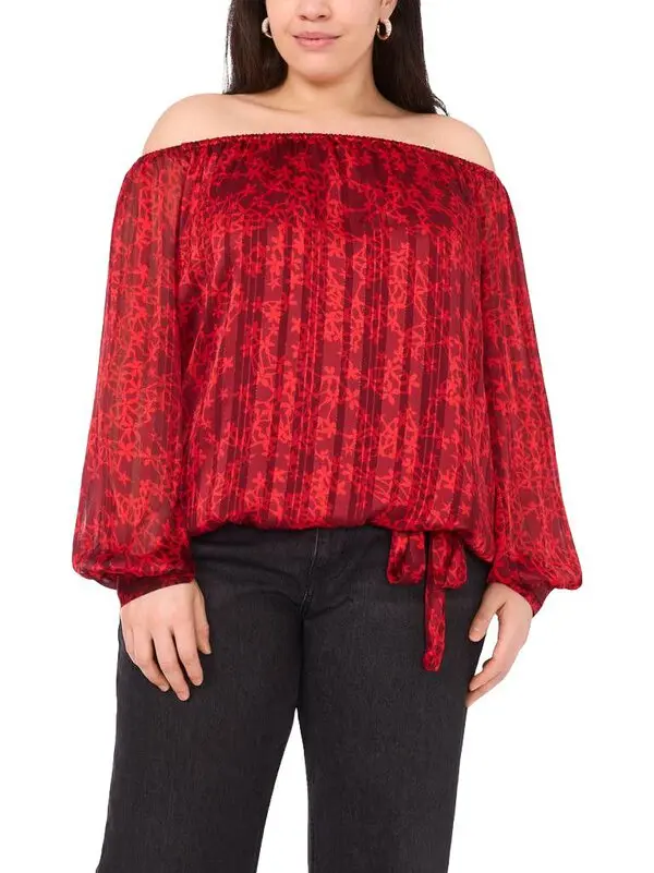 Vince Camuto Floral Metallic Print Off-the-shoulder Top - Crimson