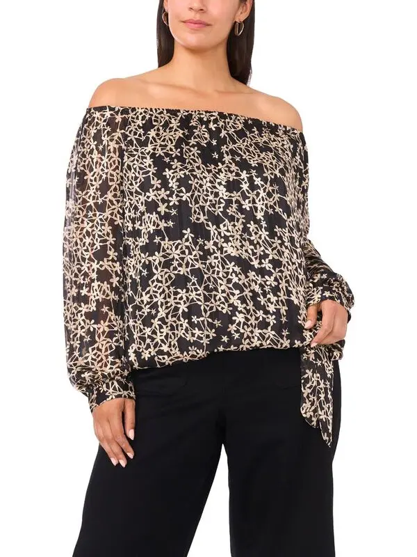 Vince Camuto Floral Metallic Print Off-the-shoulder Top - Rich Black