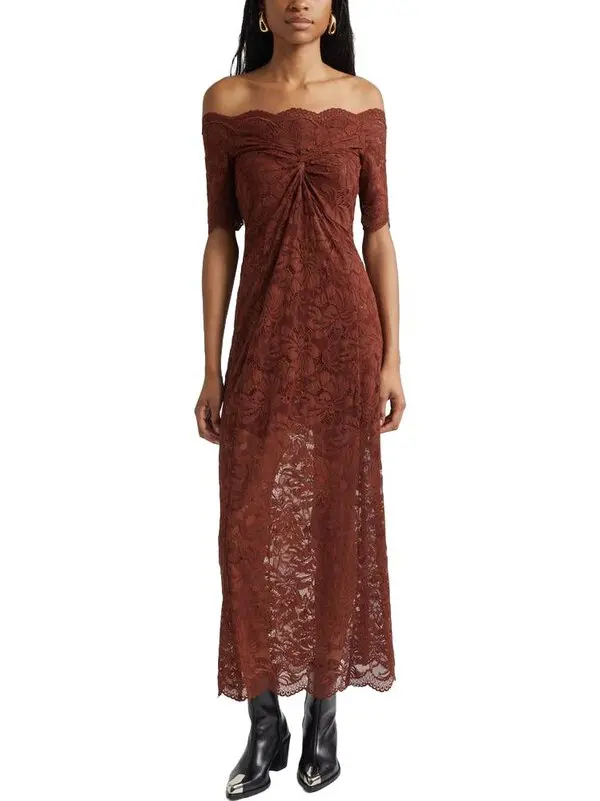 Rabanne Twist Front Off-the-shoulder Lace Midi Dress - Cinamon Brown