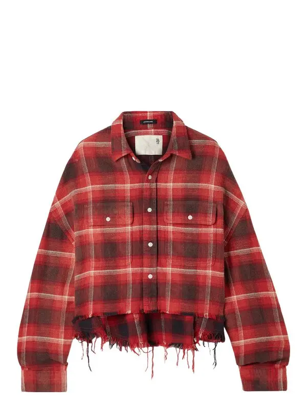 R13 Cropped Frayed Flannel Shirt - Red