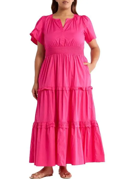 SUGARLIPS Cotton Poplin Tiered Maxi Dress - Hot Pink