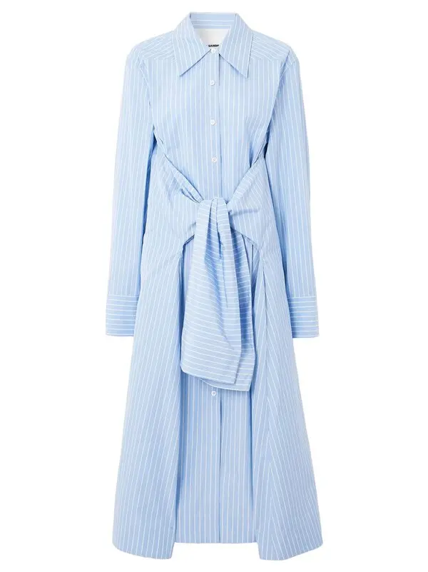 JIL SANDER Bow-detailed Striped Cotton-poplin Midi Shirt Dress - Blue