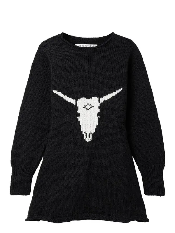 Alix Of Bohemia Renny Cow Skull Intarsia Organic Cotton Mini Dress - Black