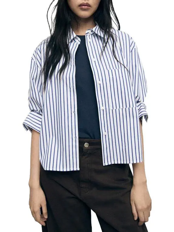 Mango Stripe Crop Button-up Shirt - Sky Blue