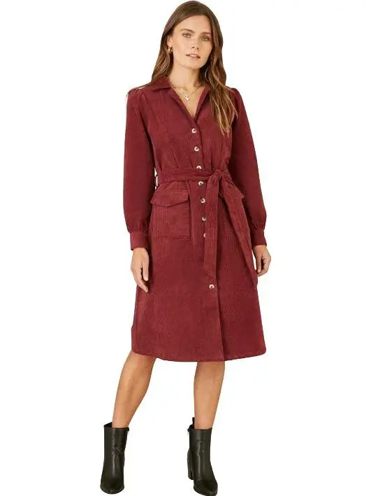 YUMI Corduroy Midi Shirt Dress - Burgundy