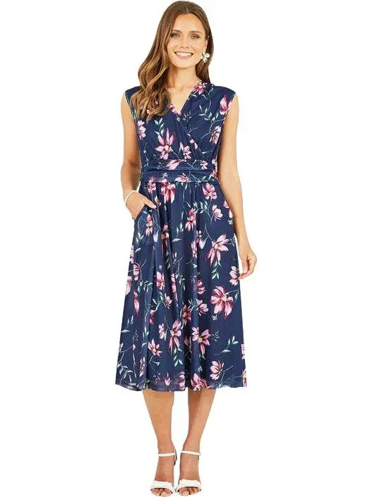 YUMI Floral Print Mesh Stretch Midi Skater Dress - Navy