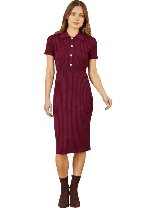 YUMI Fitted Rib Knitted Midi Dress - Burgundy