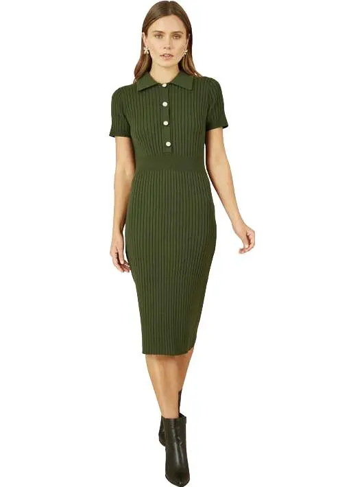 YUMI Fitted Rib Knitted Midi Dress - Green