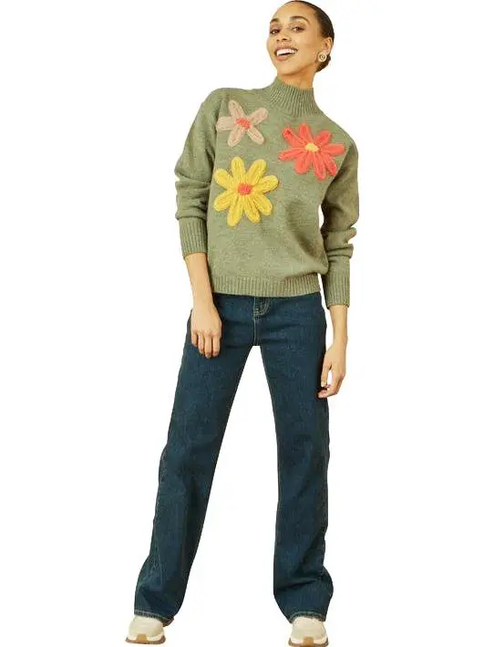 YUMI Floral Applique High Neck Knit Sweater - Green