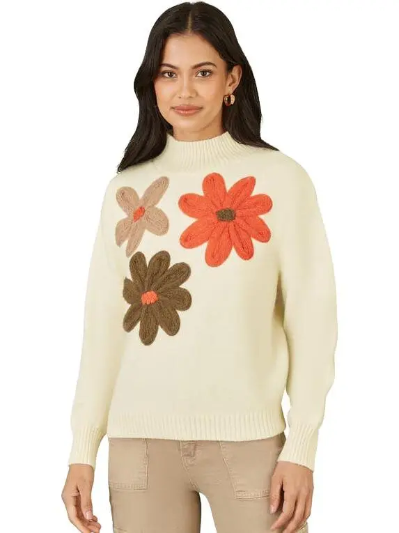 YUMI Floral Applique High Neck Knit Sweater - Ivory