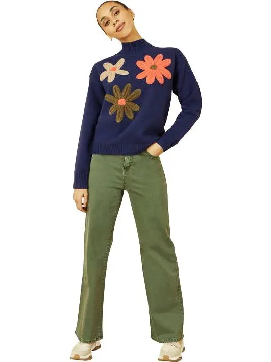 YUMI Floral Applique High Neck Knit Sweater - Navy