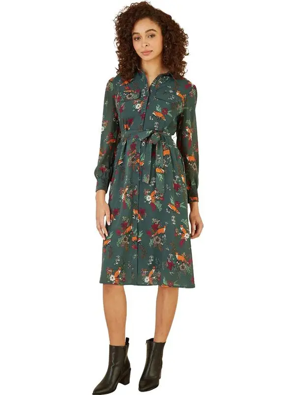 YUMI Fox Print Shirt Midi Dress - Green