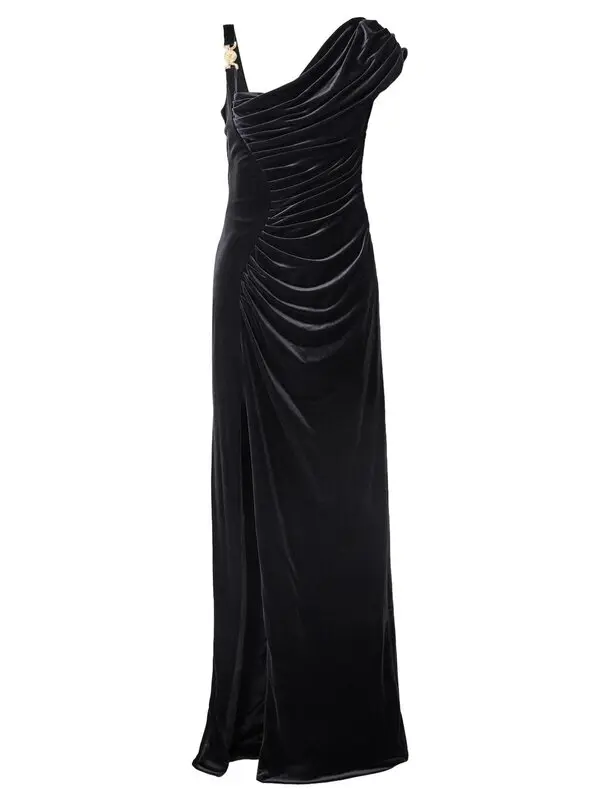 Versace Embellished Ruched Stretch-velvet Gown - Black