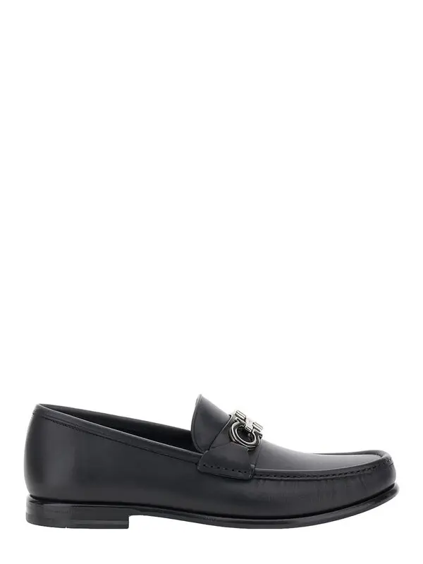 FERRAGAMO Calfskin Penny Loafers With Gancini Logo - Black