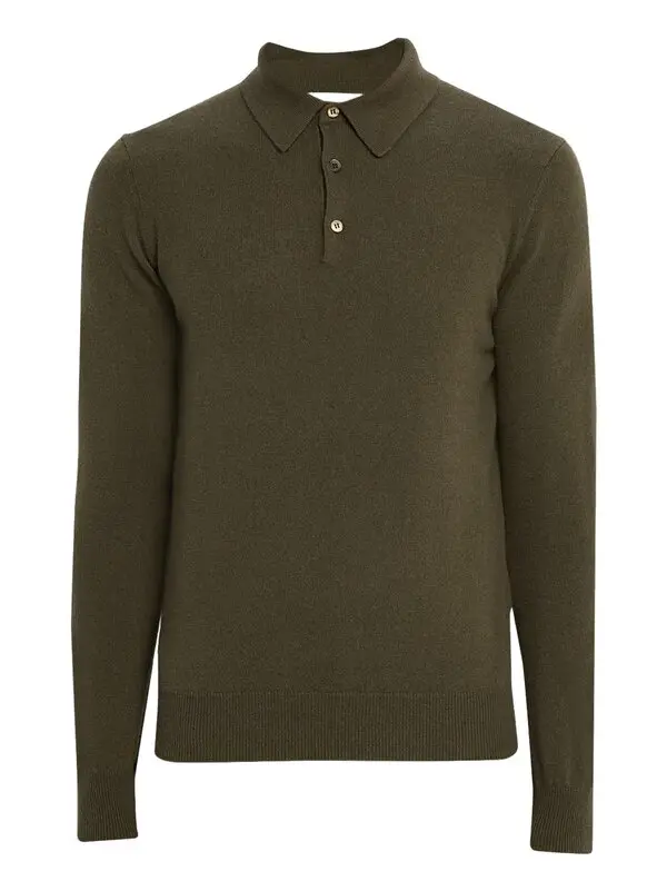 Neiman Marcus Cashmere Long-sleeve Polo Sweater - Dkgrn