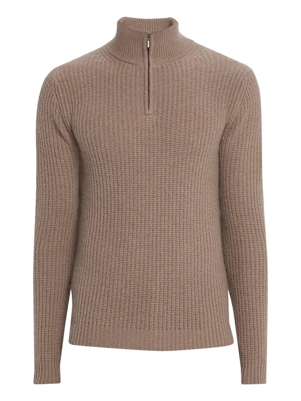 Neiman Marcus Ribbed Quarter-zip Cashmere Pullover - Taupe