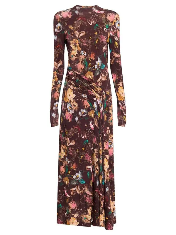 Lela Rose Floral Long-sleeve Draped Ankle Dress - Brown Multi