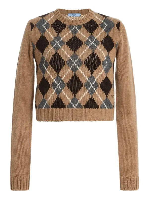 Prada Cropped Argyle Cashmere Sweater - Brown