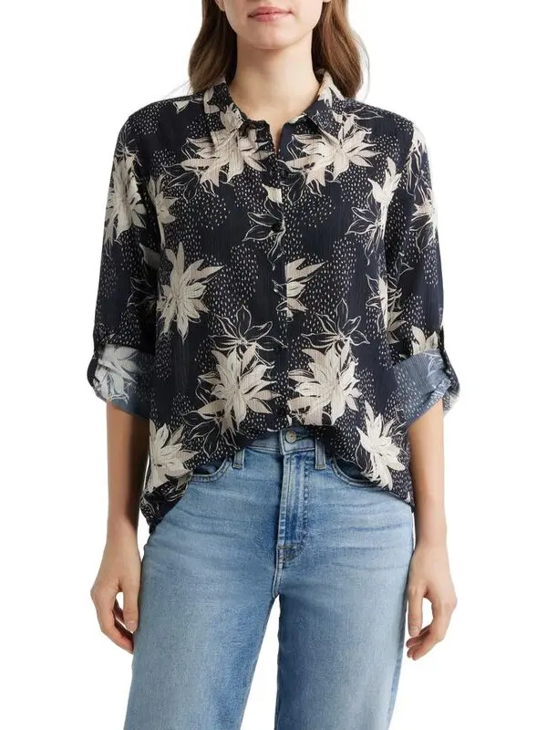 APNY Printed Roll Tab Sleeve Chiffon Button-up Shirt - Black Mult