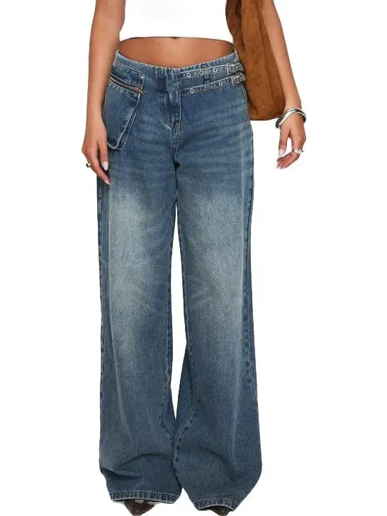 Princess Polly Platrow Wide Leg Cargo Jeans - Mid Blue Wash
