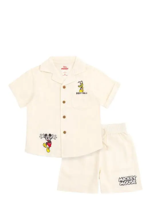 Disney Mickey Mouse & Friends Button-down Shirt & Shorts Set - Beige