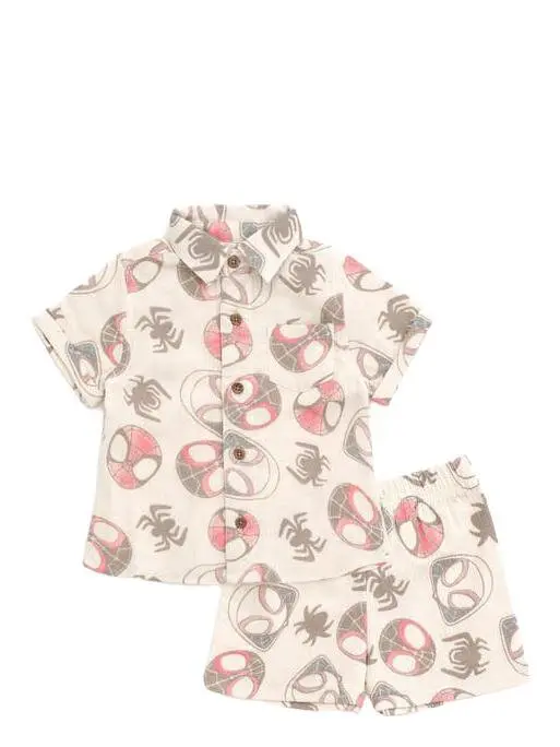 MARVEL Spidey And His Amazing Friends Button-down T-shirt & Shorts Set - Beige Spider-man Mask Pattern