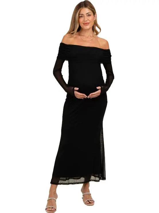 PINKBLUSH Mesh Overlay Off Shoulder Long Sleeve Midi Dress - Black