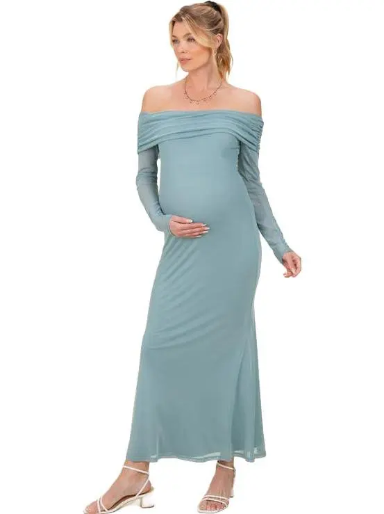 PINKBLUSH Mesh Overlay Off Shoulder Long Sleeve Midi Dress - Light Blue