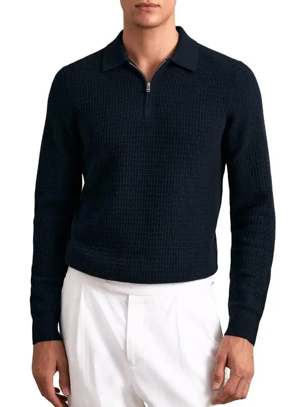 REISS Hamilton Textured Quarter Zip Polo - Navy