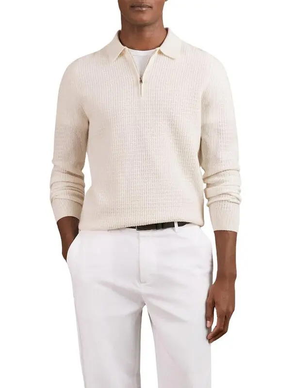 REISS Hamilton Textured Quarter Zip Polo - Off White
