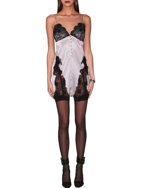 Fleur Du Mal Executive Stripe Lace Trim Silk Blend Chemise - Ash Pinstripe