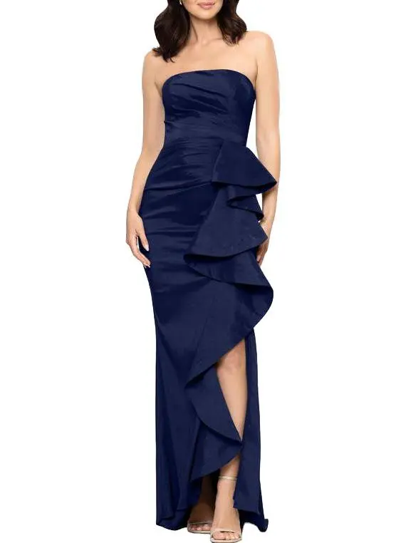 Betsy & Adam Strapless Cascade Ruffle Gown - Navy
