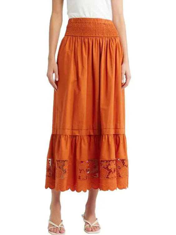 Love The Label Nolan Smocked Waist Embroidered Cotton Eyelet Midi Skirt - Cinnamon