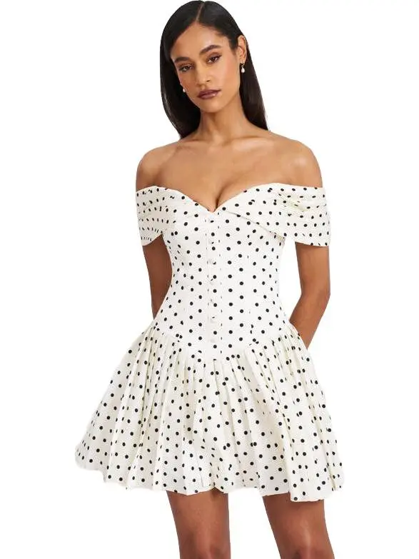MISS CIRCLE NEW YORK Edeline Polka Dot Off-shoulder Mini Dress - White