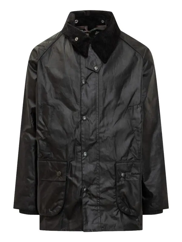 Barbour Waxed Jacket With Pockets And Velvet Collar - Black