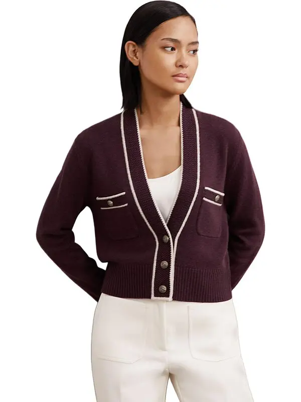 REISS Eloise Wool-cashmere Tipped V-neck Cardigan - Burgundy/neutral