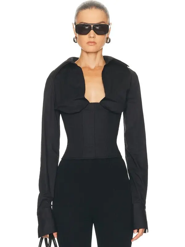 LAQUAN SMITH Long Sleeve Collared Corset Top - Black