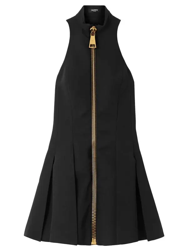 Balmain Zip-detailed Pleated Grain De Poudre Wool Mini Dress - Black