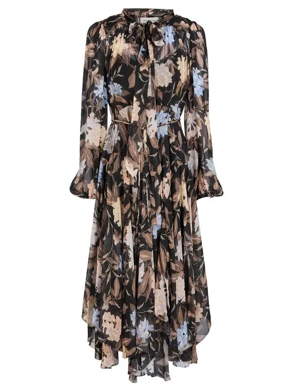 Zimmermann Pussy-bow Floral-print Chiffon Midi Dress - Black