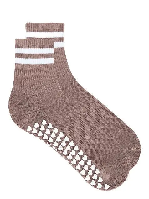 WELLBEING + BEINGWELL Striped Half Crew Grip Sock - Driftwood & White