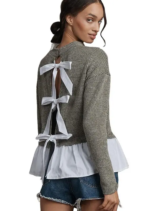 Maeve Long-sleeve Peplum Top With Bow Detail - Olive