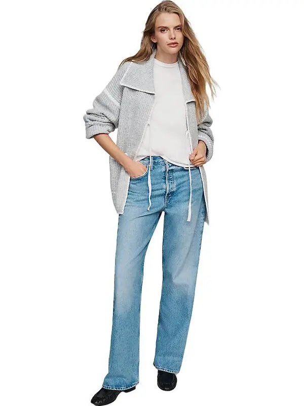 FLAT WHITE Collared Whipstitch Cardigan Sweater - Grey