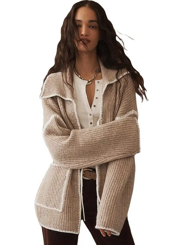 FLAT WHITE Collared Whipstitch Cardigan Sweater - Taupe